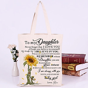 CHONG SHENG Gift for Daughter from Mom Daughter Birthday Inspirational Gifts for Daughter Graduation Christmas, Canvas Tote Bag with Pocket, Reusable Shopping Grocery Bag for Shopping Travel