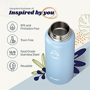 Revelist Sports Water Bottle - 32 Oz, 3 Lids (Straw Lid, Spout & Screw Top) with Boot, Vacuum Insulated Stainless Steel, Double Walled, Reusable Water Flask, Metal Canteen - Mist Blue
