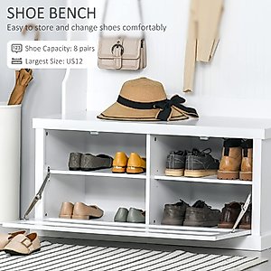 HOMCOM Entryway Bench with Coat Rack, 4 Double Hooks and 2 Compartments, Hall Tree with Bench and Shoe Storage for Hallway, Living Room, Black