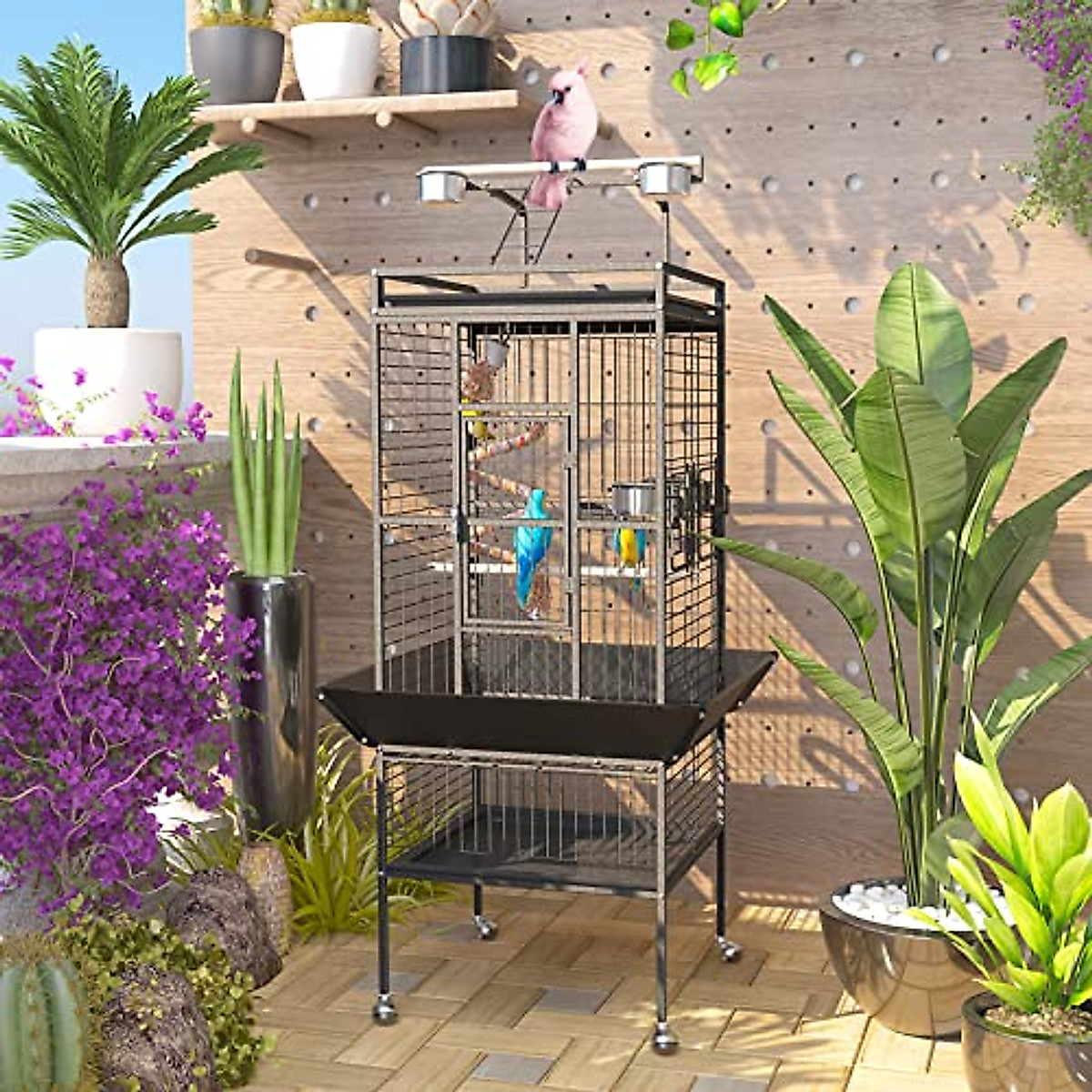 61'' Bird Cage, Large Bird Flight Cages Aviary with Rolling Stand & Bottom Tray, Wrought Iron Birdcage with PlayTop & Rope Bungee Bird Toy for Parakeet, Parrot, Lovebirds, Pigeons, Cockatiels, Macaw