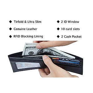 Travelambo Black Wallet for Men, Premium Classic Leather RFID Blocking Mens Wallet, 10 Credit Card Holder Minimalist Front Pocket, Mens Bifold Wallet with 2 ID Window