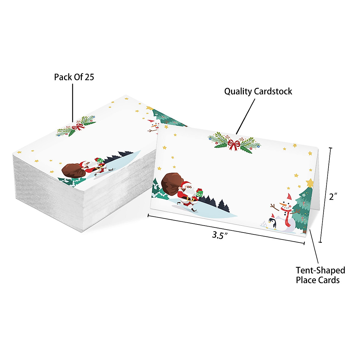 Table Place Card, Christmas Themed Tent Style Cards, Pack of 25 Half-Fold Reception Place Card with Santa Claus, Perfect for Christmas Party, Wedding, Bridal & Baby Shower, Birthday, Banquet A18