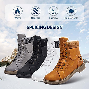 XRH Women Lace Up Combat Boot Winter Snow Boots Warm Fur Lined Ankle Booties Waterproof Hiking Boot for Women Non Slip Leather Boot Shoes(White.US10)