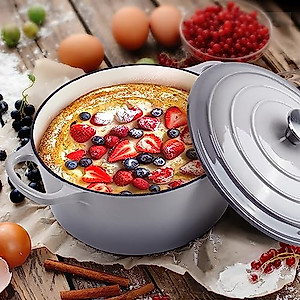 Alathote 6 Quart Enameled Cast Iron Dutch Oven with Lid - Big Dual Handles - Oven Safe up to 500°F - Classic Round Pot for Versatile Cooking Light Gray