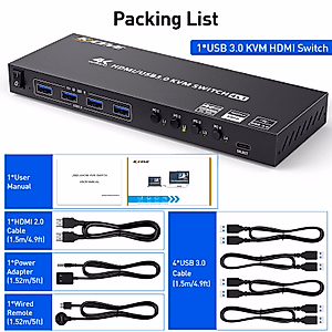 USB 3.0 KVM Switch HDMI 4 Port Support 4K@60Hz 2K@120Hz RGB 4:4:4 Simulation EDID, HDMI USB Switch for 4 Computers Share 1 Monitor and 4 USB 3.0 Ports with Controller, Power Adapter and KVM Cables