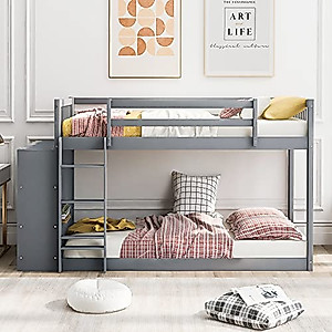 P PURLOVE Twin Over Twin Bunk Bed with Attached Cabinet and Shelves Storage, Wooden Bunk Bed Frame with Ladder and Guardrail, for Teens Girls Boys, Gray