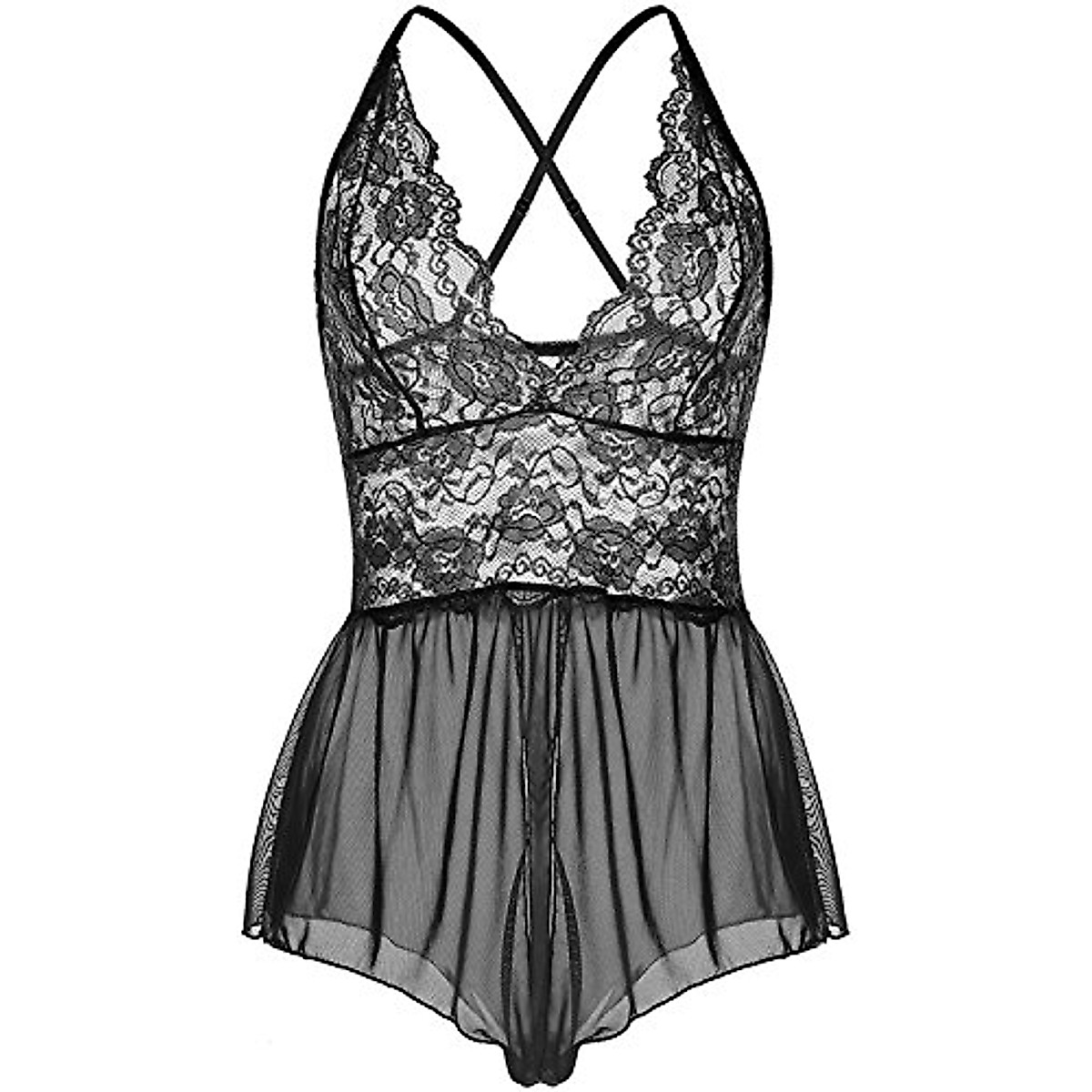 Women Lingerie Sheer Lace Mini Babydoll Teddy Sexy Bodysuit Backless Sleepwear (XXXL, Black)