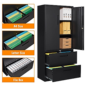 ZAOUS File Cabinet 2 Drawer, Metal File Cabinet with Lock, Lateral Filing Cabinets with Doors & Adjustable Shelves for Home Office, Living Room, Pantry, Gym, Basement, Warehouse, Black