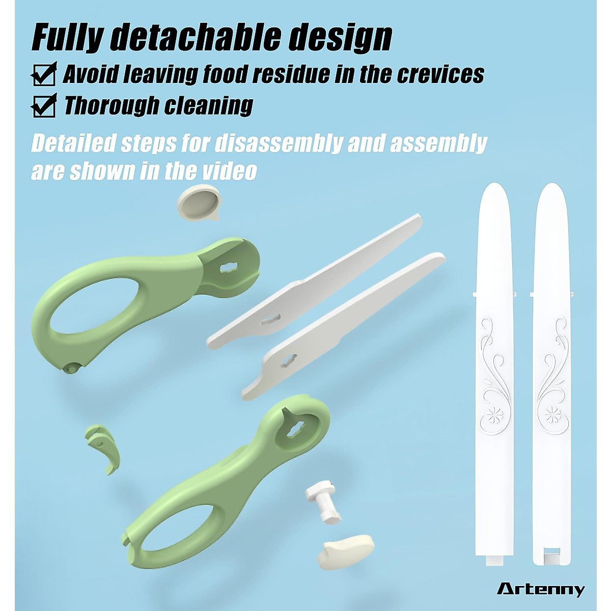 Baby Food Scissors with Travel Case and Tongs Set, Fully Detachable Ceramic Kids Food Scissors with Safety Lock, Dishwasher Safe, Ideal for Noodles, Meats, Vegetables, Pizza and Fruits (A)