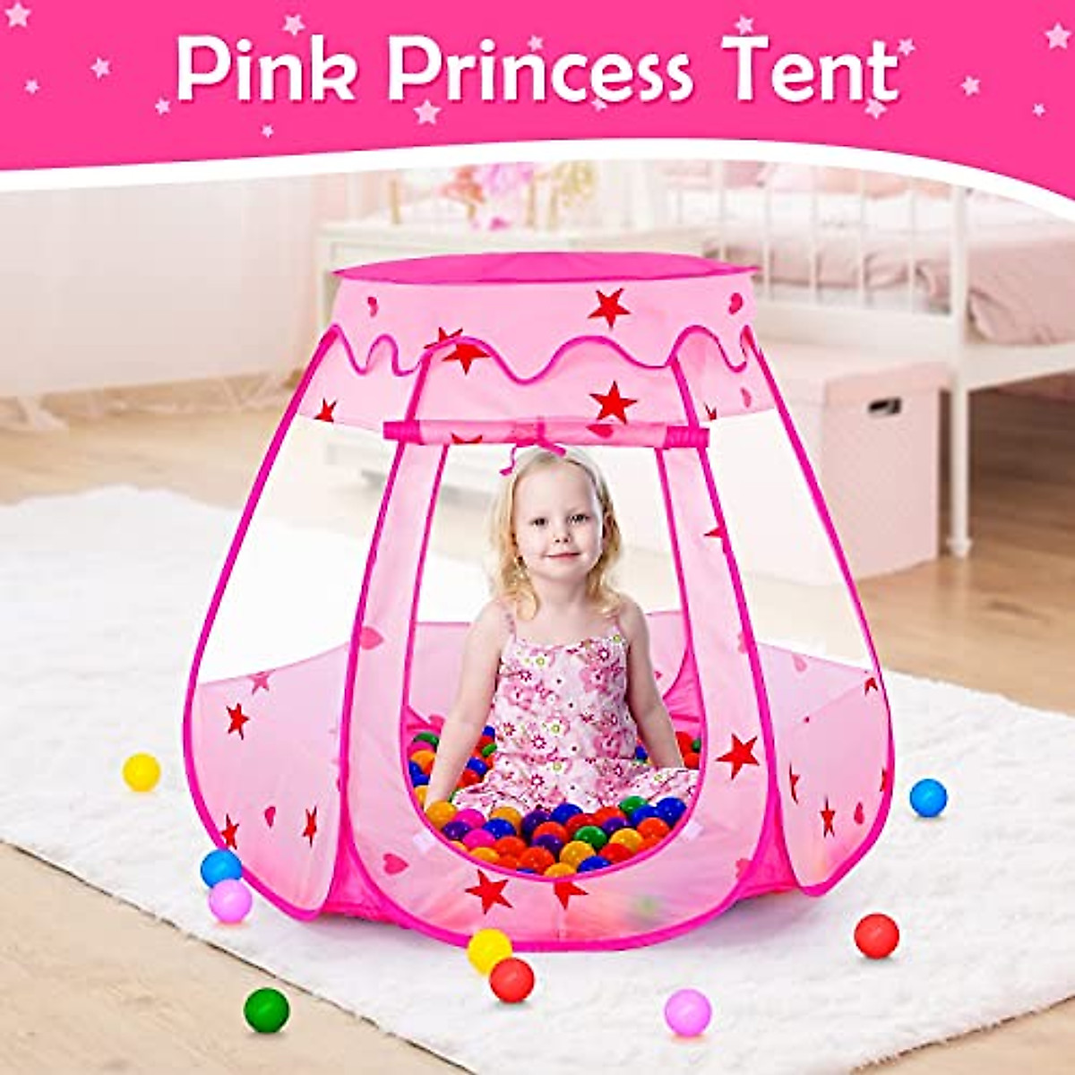 Wilhunter Baby Ball Pit for Toddler with 50 Balls, Kids Pop Up Play Tent for Girls, Princess Toys for Children Indoor & Outdoor Playhouse with Carry Bag