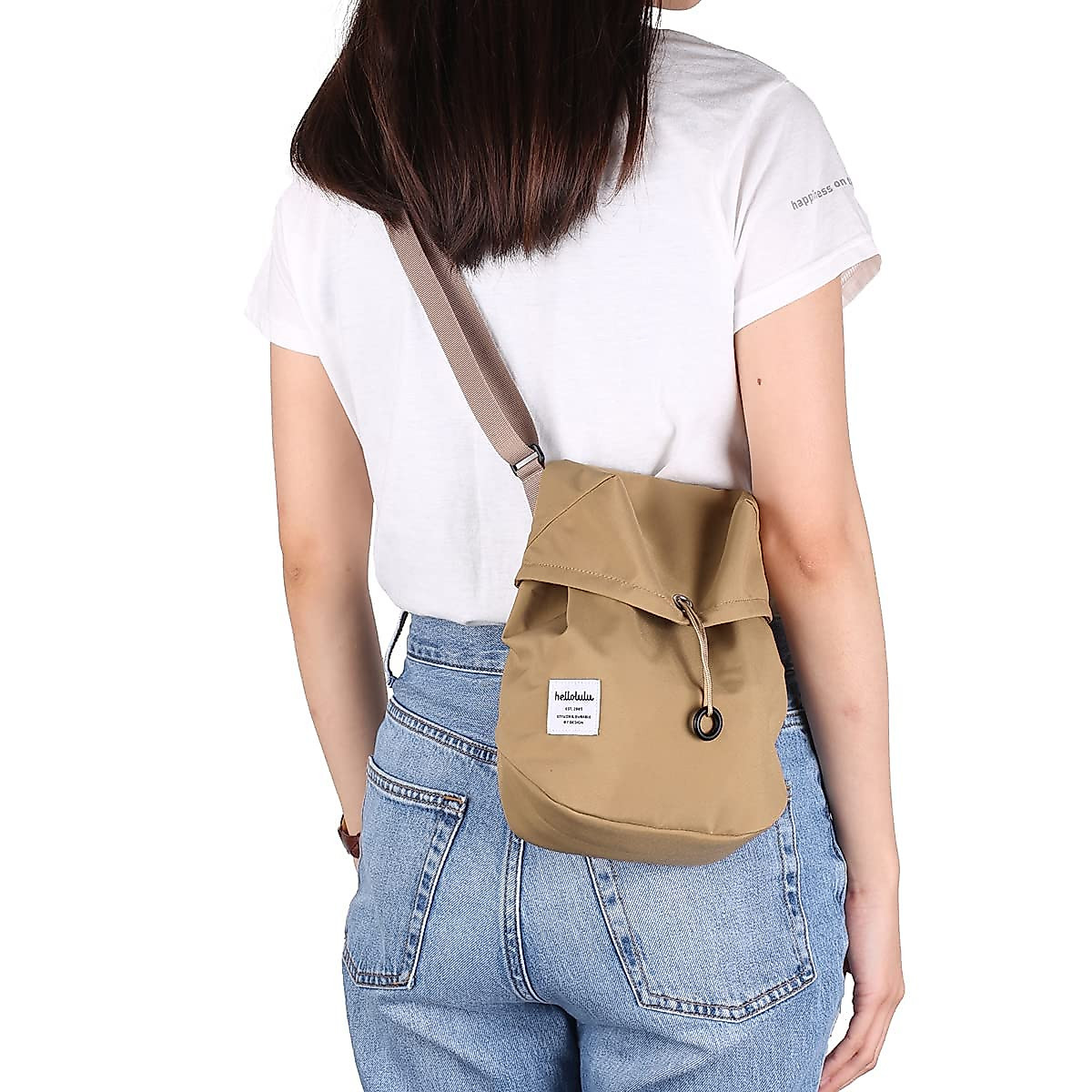 Hellolulu ARMIE Drawstring Sling Crossbody Bag, Water Resistant Lightweight Crossbody Shoulder Bag Phone Bag, For Daily Use Men Women, Brown Beige