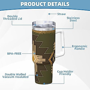 Xiexide 40oz Fits Cup Holder Travel Southwestern Native American Aztec Navajo Indian Tribal Heritage Double Walled Vacuum Insulatedith Handle And Straw,Hot & Cold Drinks