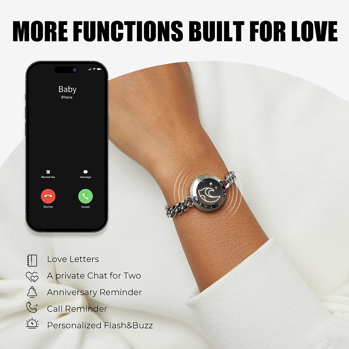 TOTWOO Long Distance Bracelets for Couples, Vibration & Light Up Bracelet, Montain & Sea Long Distance Relationship Gifts for Girlfriend Boyfriend, Bluetooth Smart Pairing Jewelry (Cuban Chain | Silver Silver)