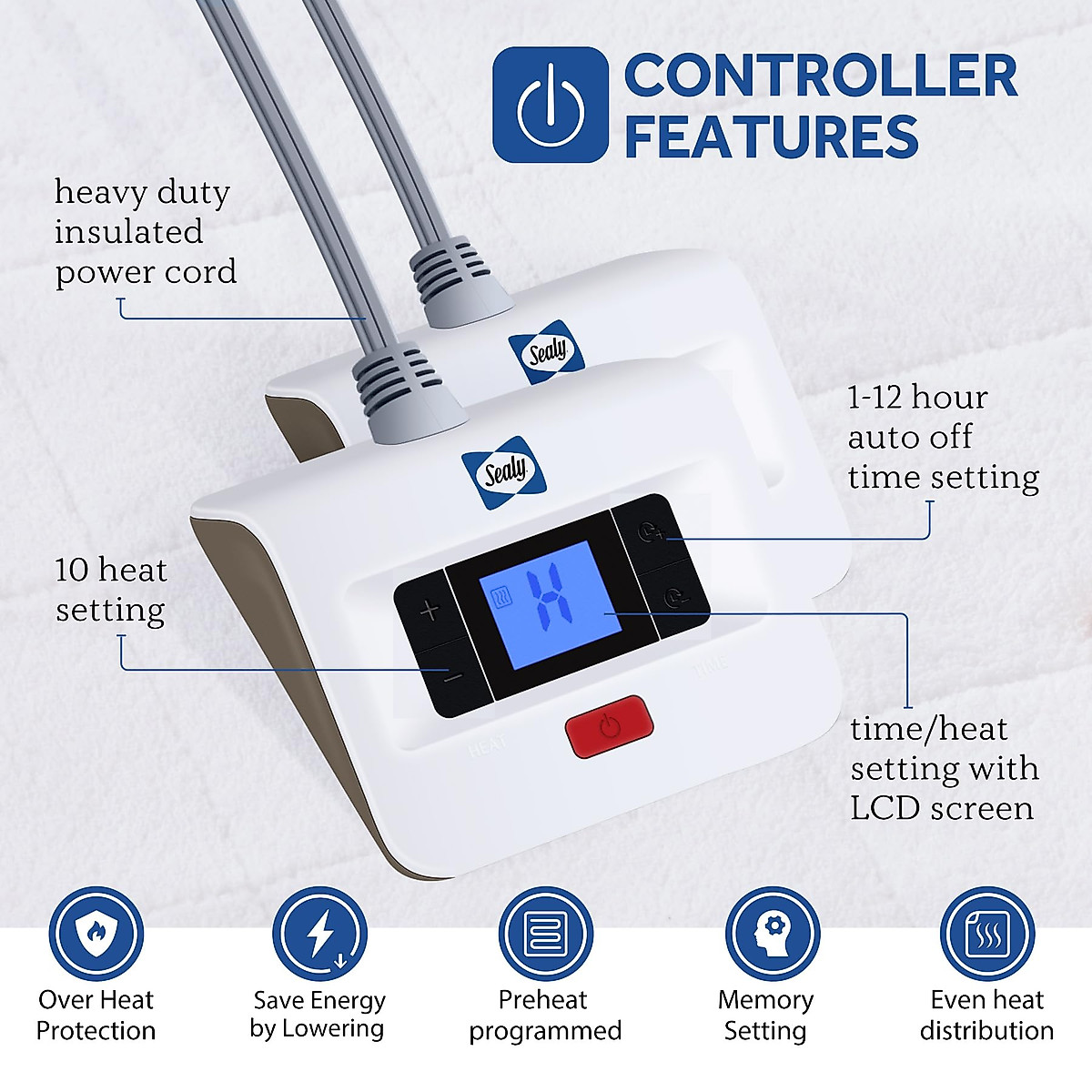 Sealy Heated Mattress Pad King Size with Plush Top, Coral Fleece Electric Bed Warmer with Dual Controller, 10 Heat Settings & Auto Off 1-12 Hours, Fit Up to 17" Deep Pocket, Machine Washable 78"x80"