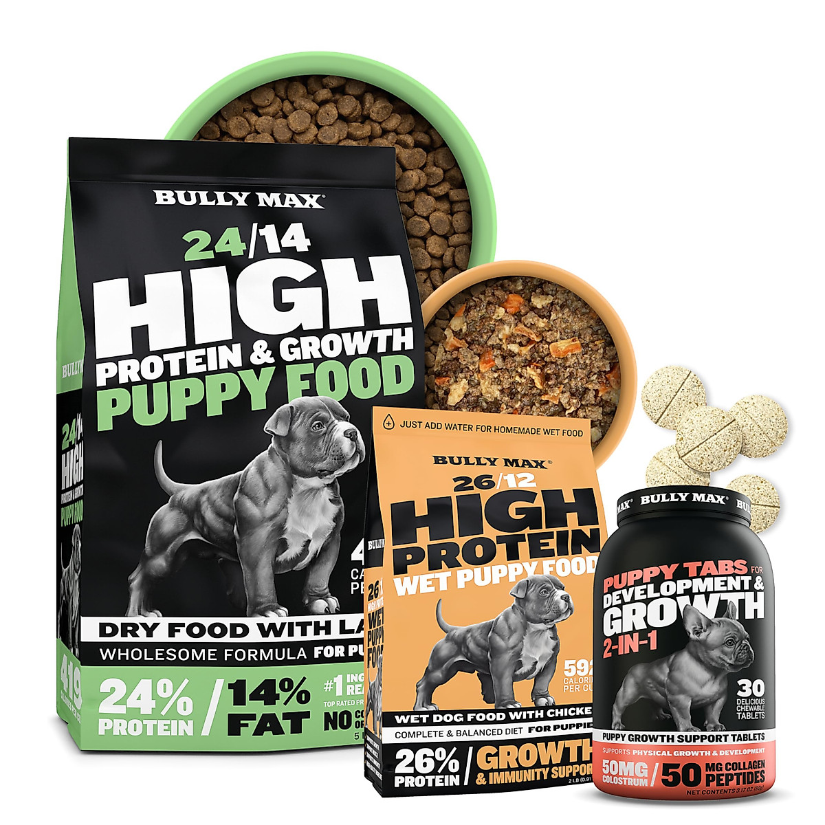 Bully Max Complete Puppy Nutrition Bundle - Dry Puppy Food (5lb Bag), Dehydrated Wet Dog Food (2lb Bag) & Chewable Vitamin (30 Tabs) for Small & Large Breed Puppies - for Growth, Health & Immunity