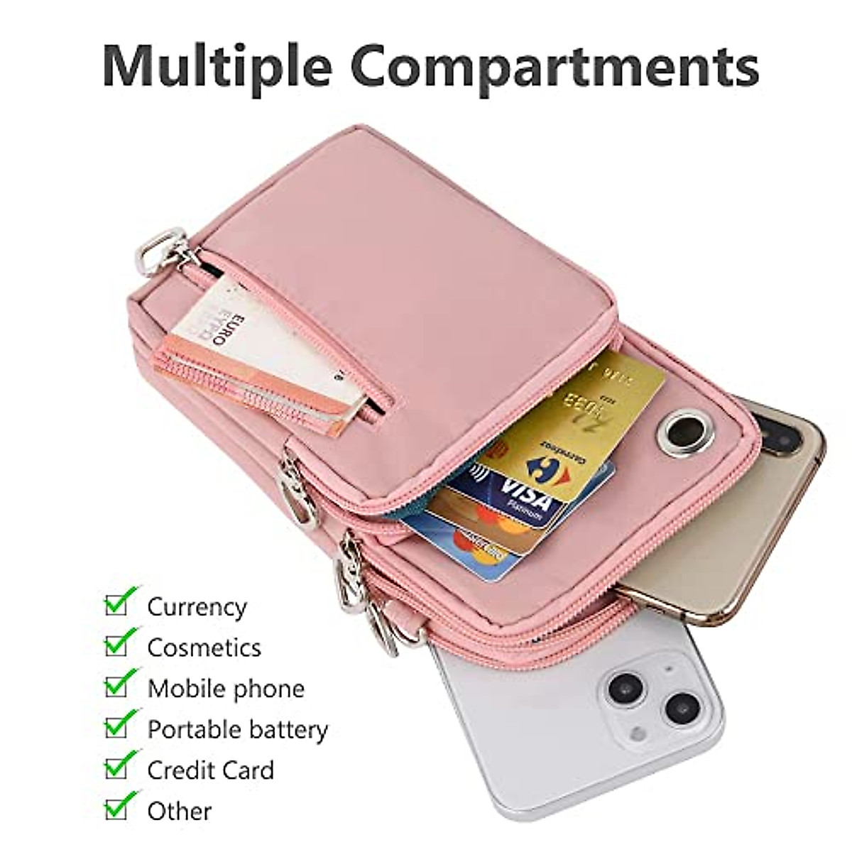 Small Crossbody Wallet Phone Bag, Nylon Cell Phone Purse, Travel Crossbody Bag Cell Phone Shoulder Bag Arm Bag Mini Wallet Purse, with Headphone Port (Pink)