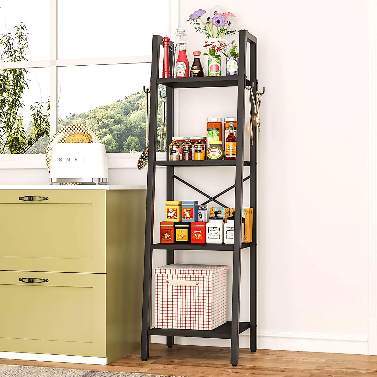 YMYNY 4 Tiers Ladder Bookcase, Industrial Narrow Bookshelf, Open Display Rack with 4 S Hooks, Metal Storage Shelves for Bedroom, Home Office, Living Room, Black, 49.2H*13.4L*11.8W, UHBC024B