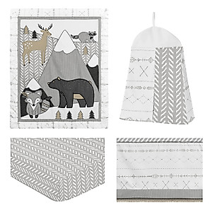 Sweet Jojo Designs Beige, Grey and White Boho Mountain Animal Gray Woodland Forest Friends Baby Unisex Boy or Girl Nursery Crib Bedding Set - 4 Pieces - Deer Fox Bear