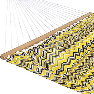 Sunnydaze 2-Person Quilted Printed Fabric Spreader Bar Hammock and Pillow - Large Modern Hammock with Metal S Hooks and Hanging Chains - Heavy Duty 450-Pound Weight Capacity - Yellow and Gray Chevron