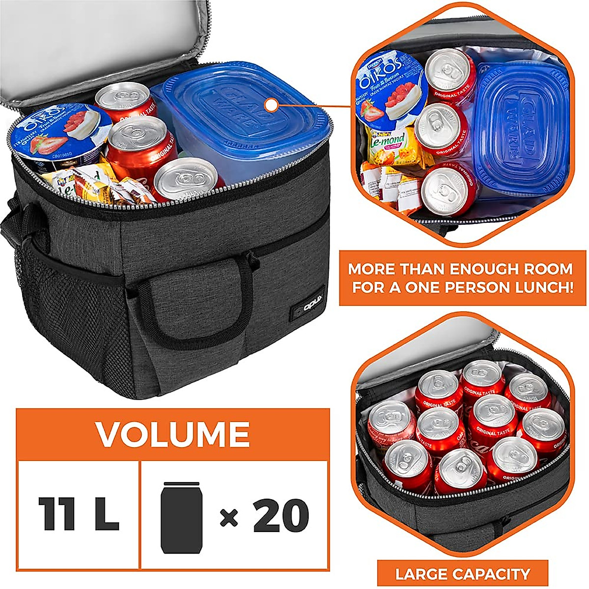 opux Large Insulated Lunch Bag for Men Women, Leakproof Thermal Lunch Box Work School, Soft Lunch Cooler Tote Bag with Shoulder Strap for Adult Kid, Boy, Girl, Reusable Lunch Pail, Dark Gray