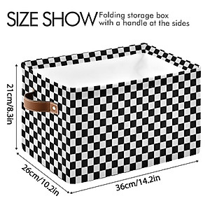 Black White Checkered Pattern Large Storage Basket Cube Storage Bin Canvas Fabric Organizer Handles Collapsible Decorative for Clothes Toys Bedroom