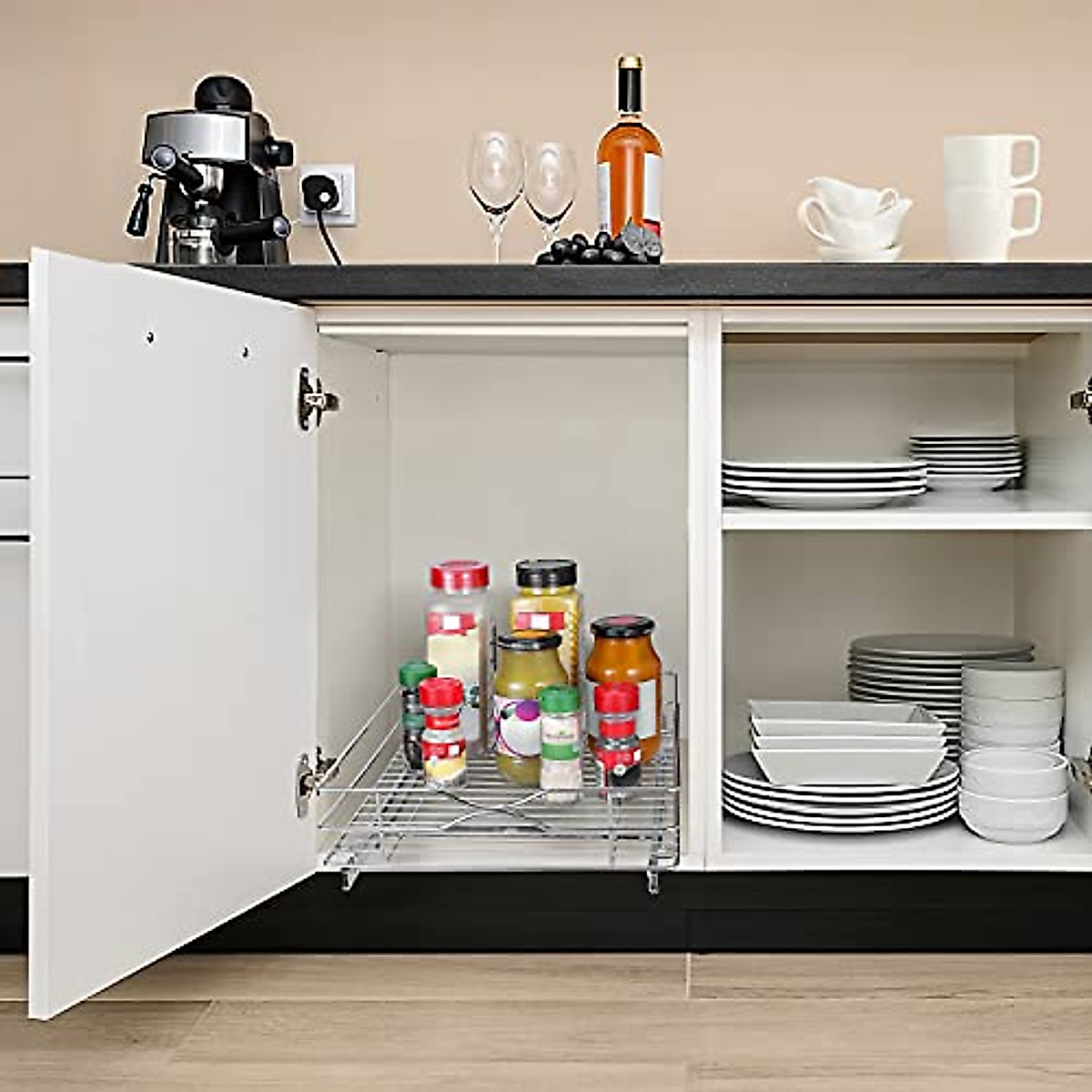 Pull Out Cabinet Drawer Organizer,Heavy Duty Slide Out Pantry Shelves Sliding Drawer Storage For Kitchen,Bathroom,Home,Wire Frame, Chrome Finish