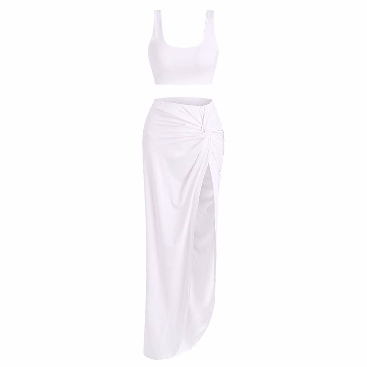 ZAFUL Women's Casual Sleeveless Summer Two Piece Outfits Solid Crop Top and Draped Ruched Maxi Skirt Set Solid Suiting (C-White, S)