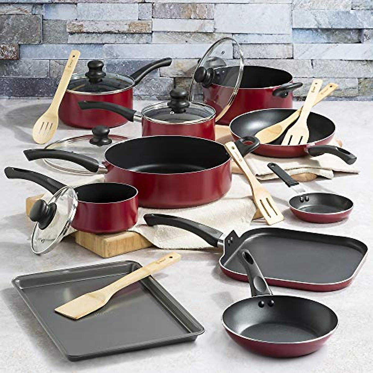 Ecolution Easy Clean Nonstick Cookware Set, Dishwasher Safe Kitchen Pots and Pans Set, Comfort Grip Handle, Even Heating, Ultimate Food Release, 20-Piece, Red