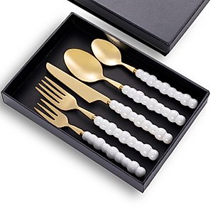 ROSOS Pearl Silverware Set Cutlery for 5 PCS, Premium Pearl Ceramic Handles Knife Forks and Spoons Silverware Set for Daily Use and Party, Gold Flatware Set, Silverware Tableware Set, White