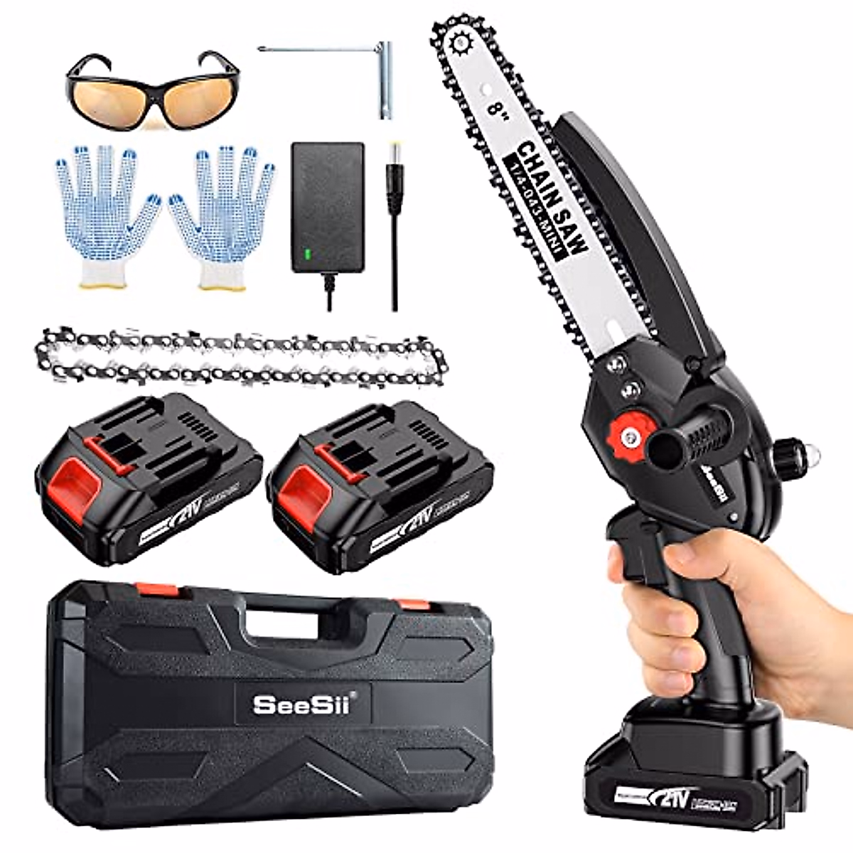 8 Inch Mini Chainsaw Cordless 𝘽𝙧𝙪𝙨𝙝𝙡𝙚𝙨𝙨, 2023 Upgraded Seesii Portable Chain saws with 2×2.0AH Batteries and Auto Oiler Chain, Handheld Electric Chainsaw for Branch Tree Cutting Pruning