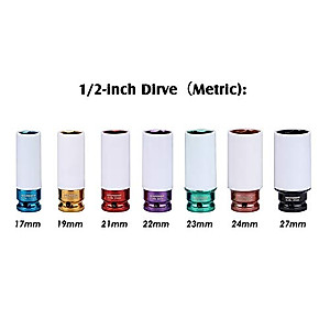 MIXPOWER 1/2" Drive Wheel Protector Impact Socket, 7pcs Thin Wall Deep Impact Socket Set, Durable Plastic Sleeve Lug Nut Socket, 6 Point, Metric, Color-Coded, 17mm, 19mm, 21mm, 22mm, 23mm, 24mm,27mm