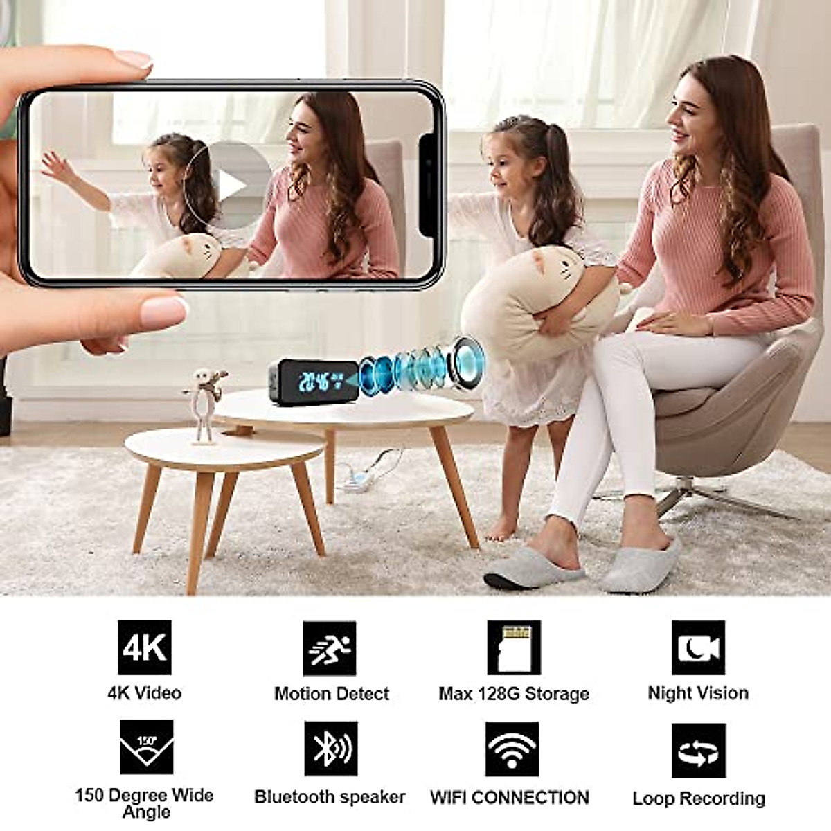 Pragovle WiFi-Hidden-Spy-Camera, Alarm Clock with Bluetooth Speaker 1080P/2K/4K Full HD Nanny Cam with Night Vision and Motion Detection Alarm, Security Recording with Phone App for Outdoor/Home