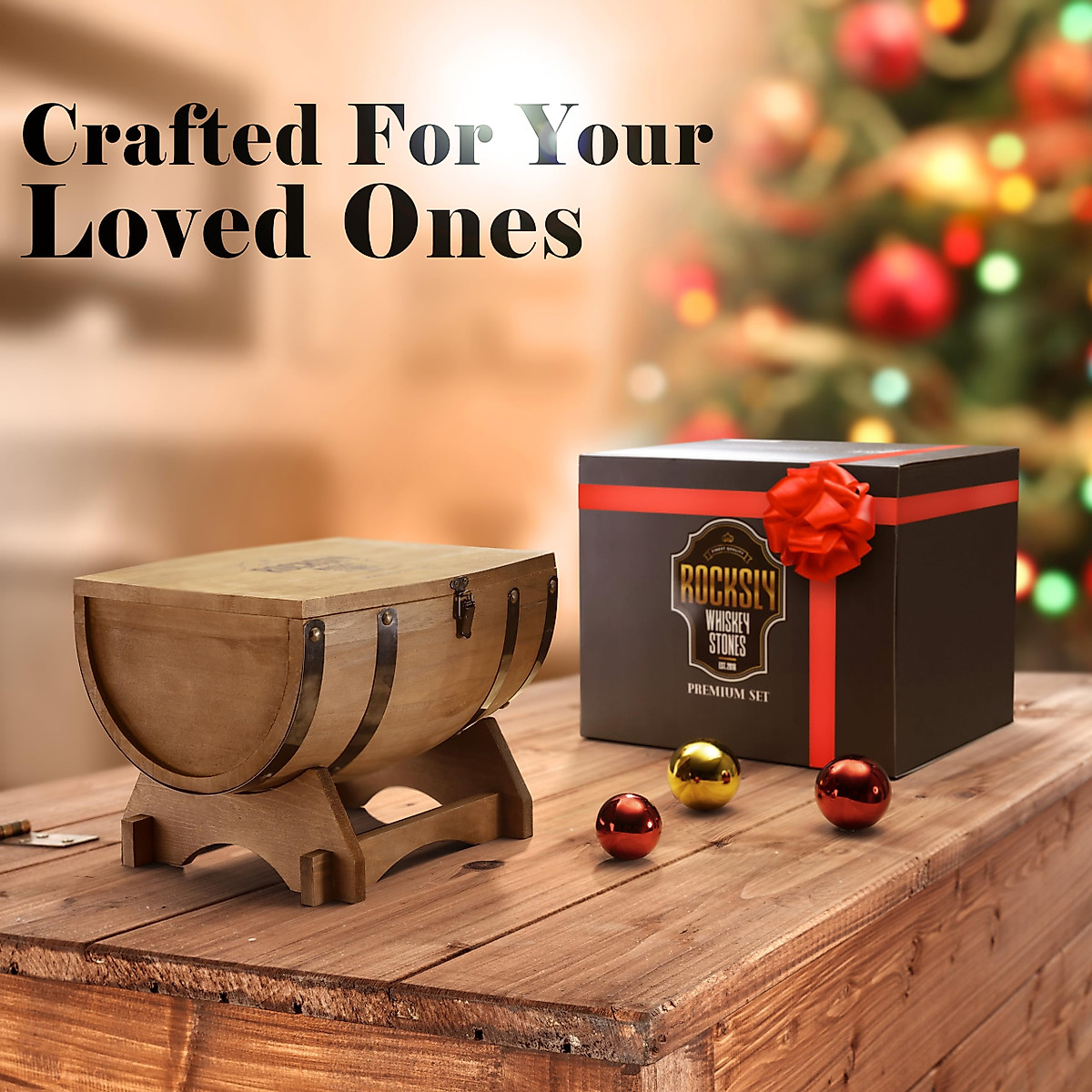 ROCKSLY Whiskey Stones Gift Set for Men in Whiskey Half Barrel Gift Box | 8 Whiskey Rocks, 2 Whiskey Glasses in a Whiskey Box Gift Set | Granite Bourbon Stones | Whiskey Kit for Men: Dad, Boyfriend