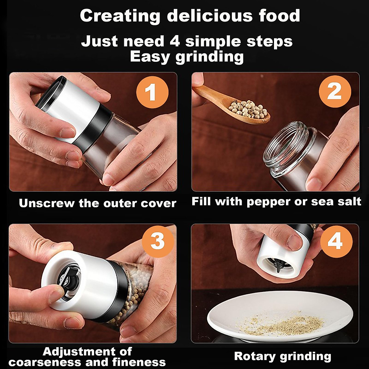 ANDONG Premium Salt & Pepper Grinder Set of 4, Refillable Pepper Mill & Salt Mill with Manual Adjustable Ceramic, Glass Shaker