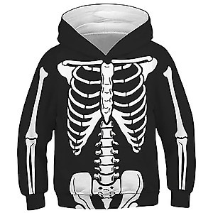 ALUWU Boys Girls Hoodies Kids 3D Print Pullover Sweatshirts With Pocket Cool Funny Long Sleeve Hooded Cute Graphic Comfy Halloween SkeletonHoody for Teens Size 11-12T