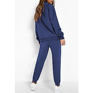 Fixmatti Hoodie Sweat Suit Women Clothing Long Sleeve Sweatpants Sport Jogger Set Navy Blue M