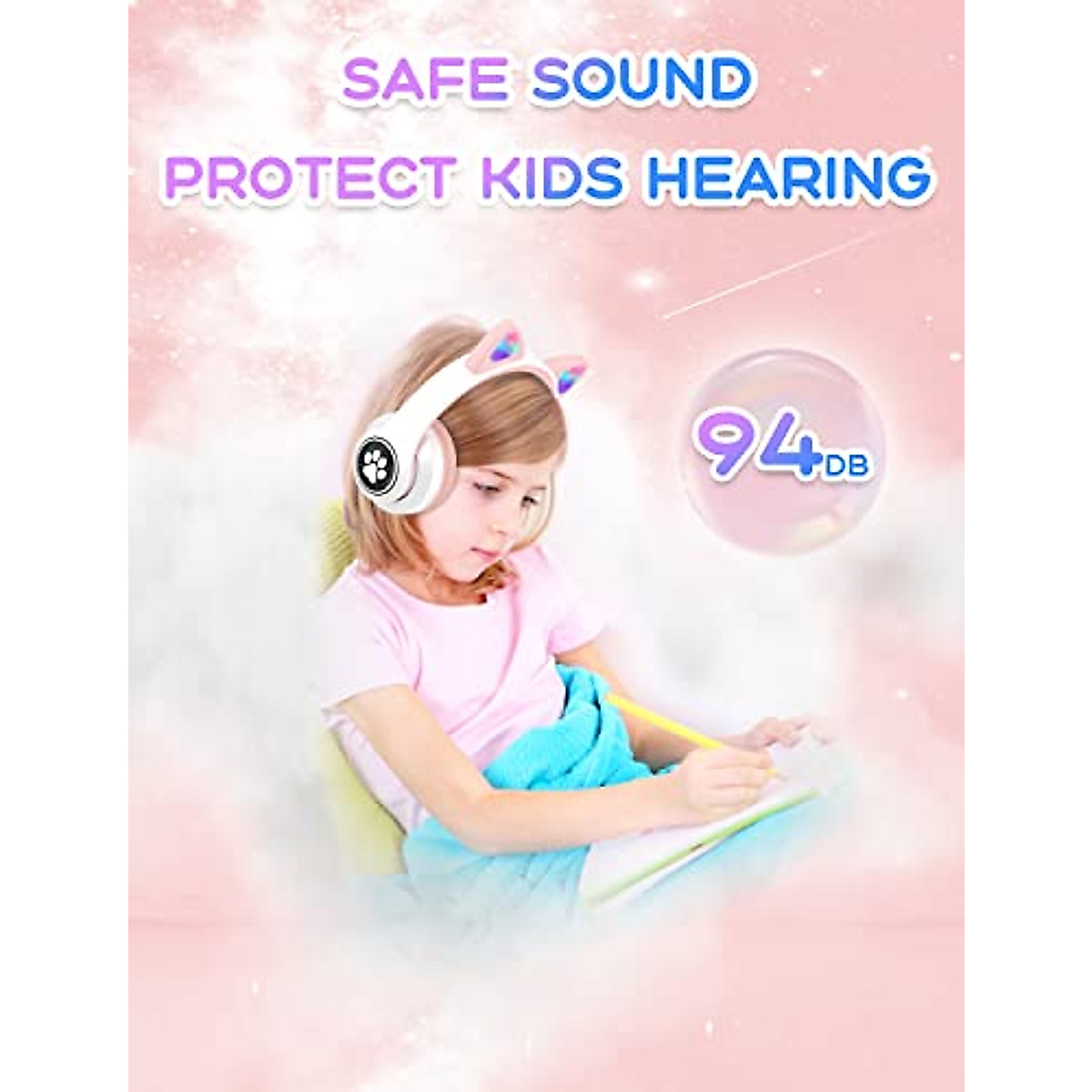 VuyKoo Kids Headphones with Microphone/RGB LED Light Up, Cat Ear Bluetooth Headphones 94dB Volume Limiting, Foldable Stereo Over-Ear Headphones for Kids Tablet/School/iPad/Smartphone (Pink)