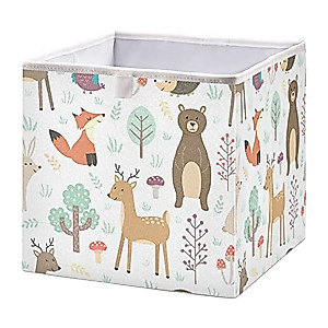Kigai Forest Animals Storage Bins Cube Foldable Storage Baskets Bin Waterproof Home Organizer with Handles Basket for Toy Nursery Blanket Clothes, 11x11x11 Inch
