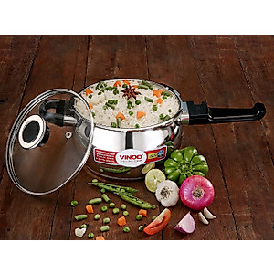 Vinod Pressure Cooker Stainless Steel – Glass Lid Handi Pot - 5.5 Liter – Indian Pressure Cooker – Stove Top Sandwich Bottom – Best Used For Indian Cooking, Soups, and Rice Recipes, Quinoa