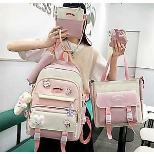 5 Pcs Kawaii Bear Backpack Set with Cute Pendant and Pins School Bags Back to School Supplies for Students (Pink)