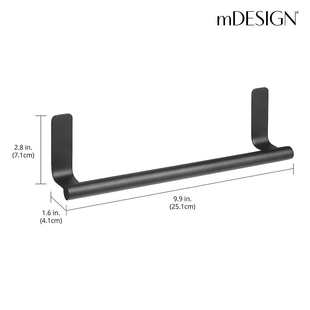 mDesign Steel Wall-Mounted Towel Rack Storage Holder - Self-Adhesive Space Saving Towel Bar for Bathroom, Kitchen - Holds Hand Towels - Stick on Doors or Cabinet - Omni Collection - 2 Pack - Black