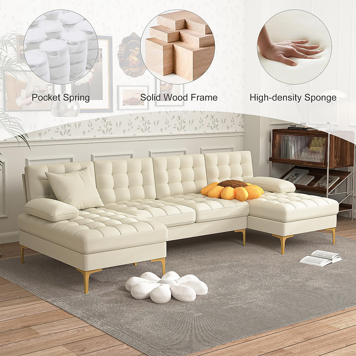 VERYKE U Shape Sectional Sofa Couch,Modern 110'' Linen Button Tufted Sectional Couch Sofa, Upholstered Sofa Bed with Metal Legs for Living Room