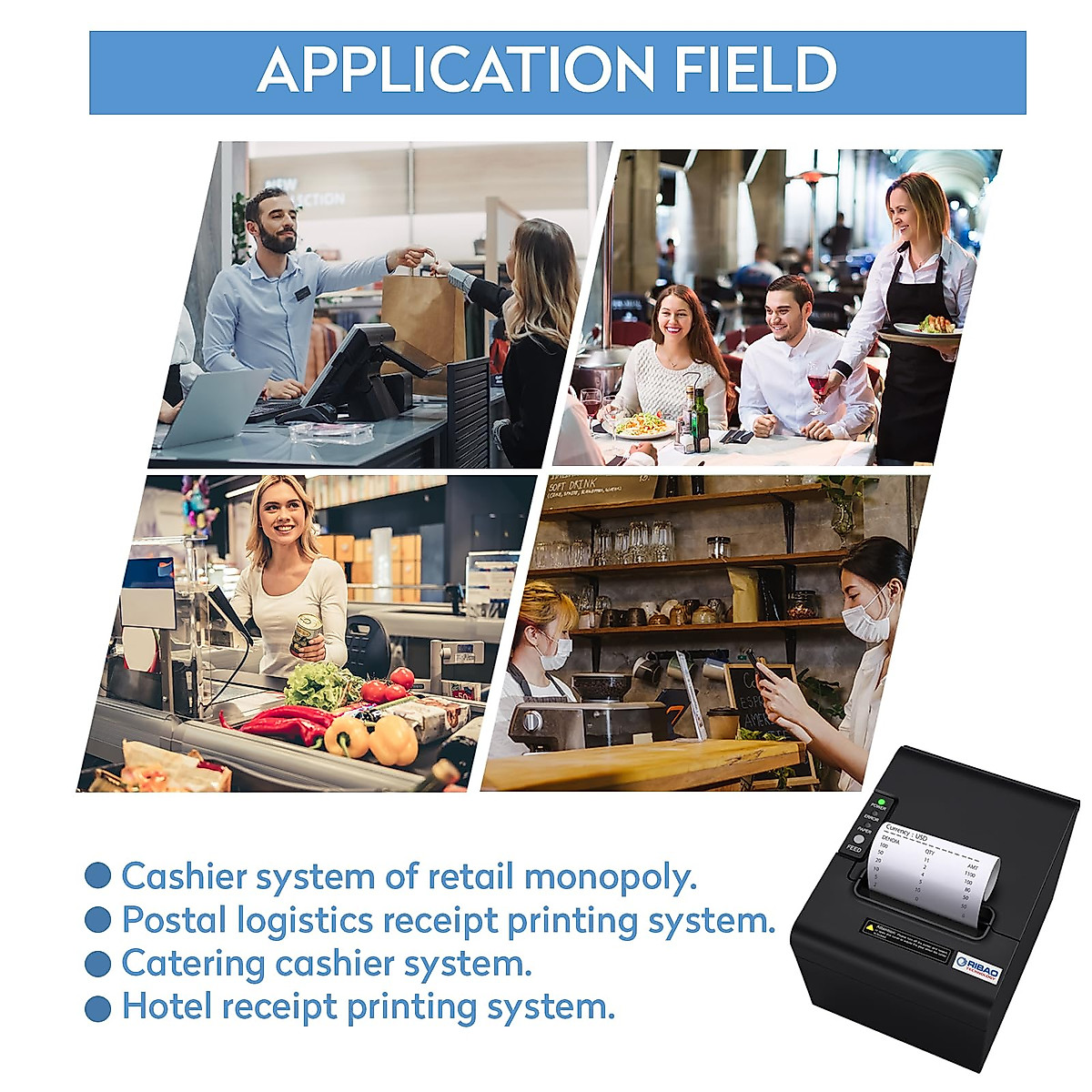 RIBAO Thermal 80mm POS Printer Receipt Printer Connect Cash Registers Cash Drawer, BC-55 BC-40 BCS-160 Mixed Bill Money Counter RS232 Cashbox Interface，Windows/Mac/Linux