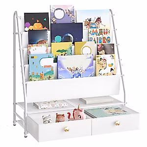 MAHANCRIS Kids Bookshelf, 4 Tier Bookcase, Kids Sling Book Rack with 2 Fabric Drawers, Storage Nursery Book Shelf for Children, Toy Organizer for Kids Room, Living Room, Study Room, White BKBW7401