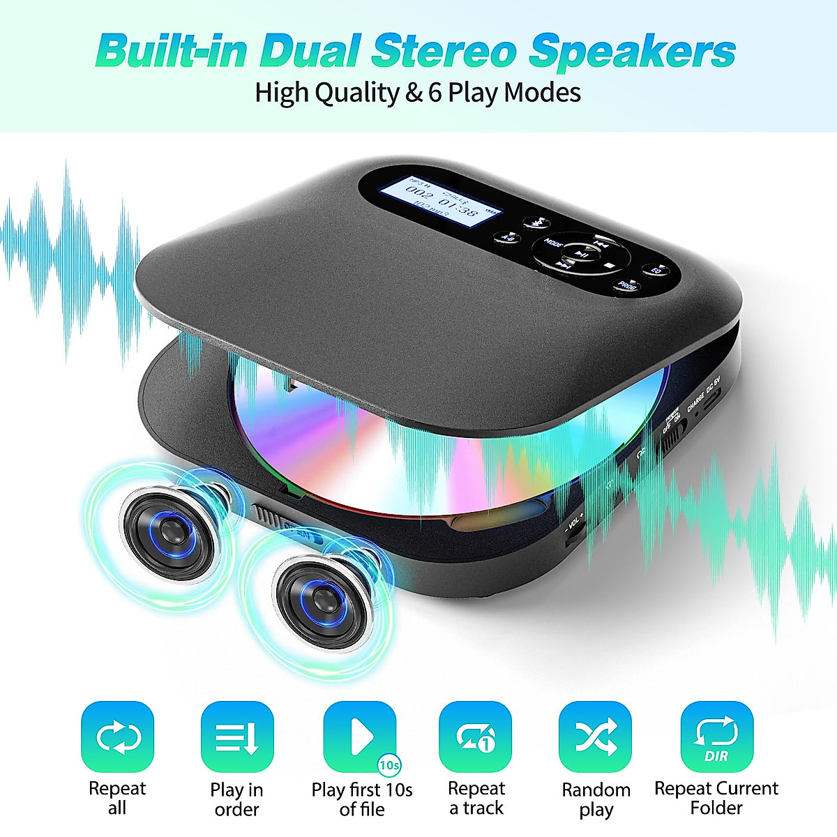 Desobry CD Player Portable, Bluetooth CD Player with Speakers, Portable CD Players for Home, Rechargeable Walkman CD Player for car with LCD Screen Anti-Skip Small CD Player with Dual Headphone Jacks