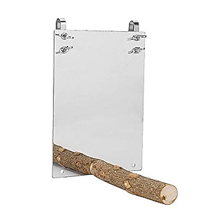 Bird Mirror, Stainless Steel Medium Small Parrots Mirror Bird Mirror Toy with Wooden Standing Rod for Parrot Parakeet Cockatiels
