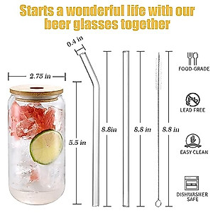 MorningRising Glass Cups with Lids and Straws Set of 12, 16 oz Beer Glasses, Drinking Glasses, Glass Cups, Iced Coffee Glasses for Beer, Cocktail, Whiskey, Smoothies