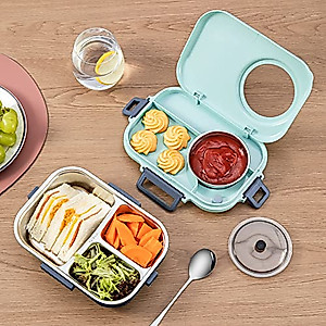 VANDHOME Bento Lunch Box Stainless Steel with Utennsil & Bag - 3 Compartment 37oz Compact Lunch Containers, BPA-Free, Dishwasher Freezer Safe - Blue