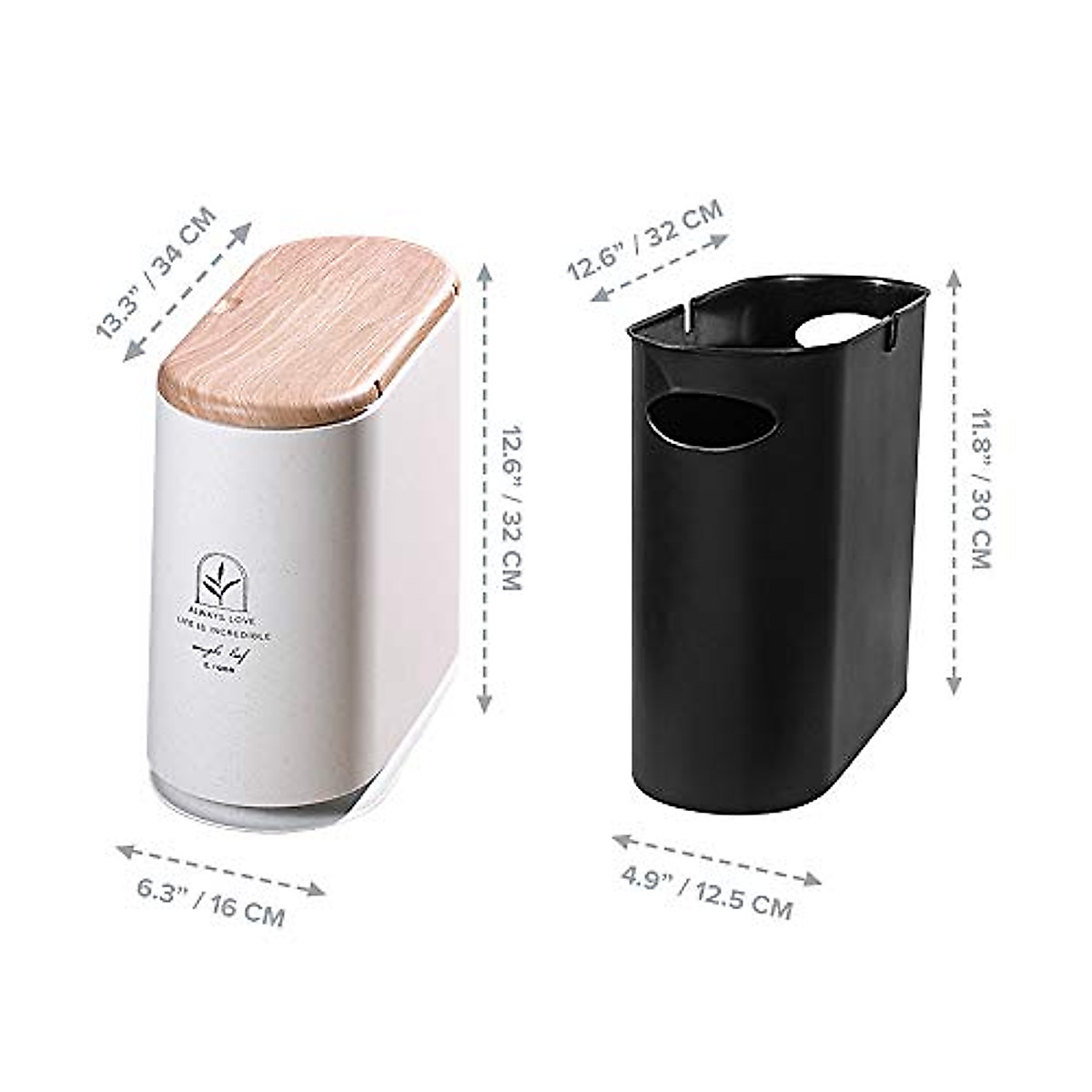 3.2Gal/12.1L Oval Slim Trash Can - Nordic Style Garbage Can with Lid - White Plastic Trash Can w/ Press Top Wood Grain Lid - Space Saving Kitchen Trash Can w/ Double Barrel Removable Plastic Bin Liner