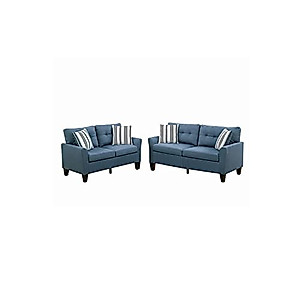 Benzara Glossy Polyfiber Sofa with Loveseat and Cushions, Blue